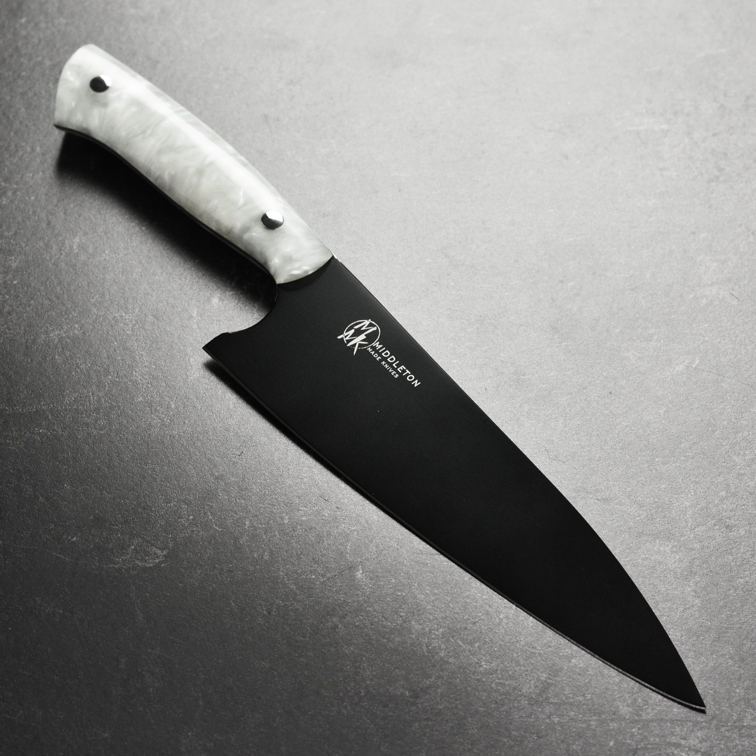 Middleton Made Knives Pearl Echo Chef's Knife, 8" AEB-L Black Cerakote Blade, White Resin Handle ...